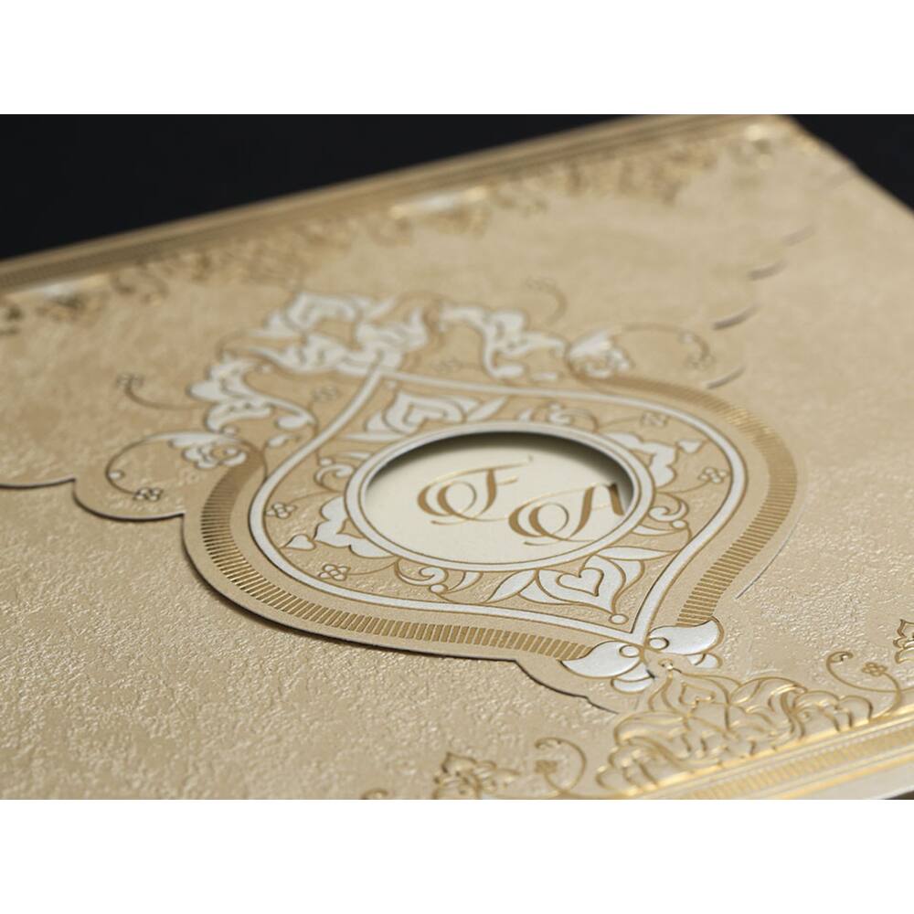 Cream Background, Gold Leaf Printed Luxury Wedding Card - Alyans 2005