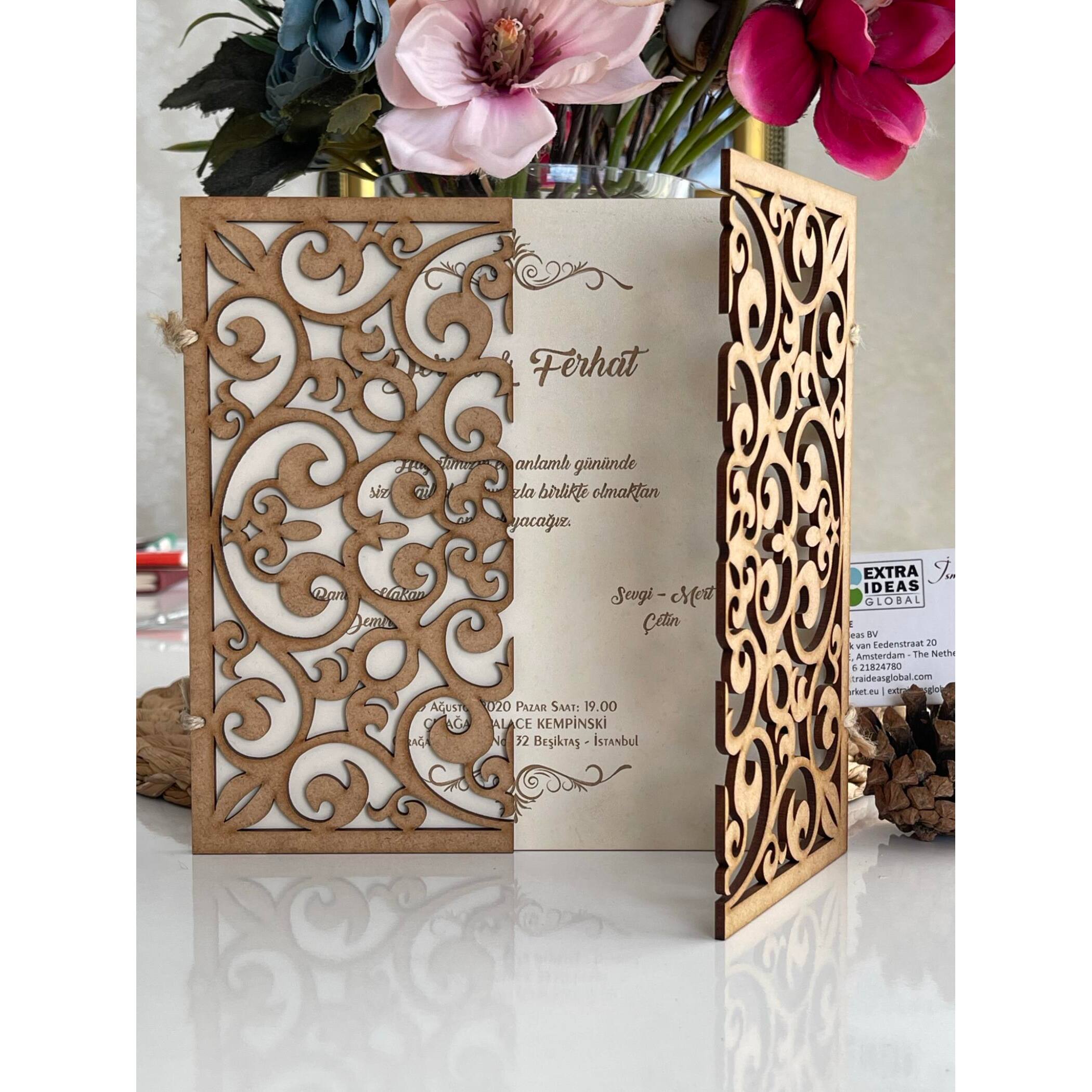 Oriental Design Wooden Wedding Card - Natural Wood - Laser Cut ...