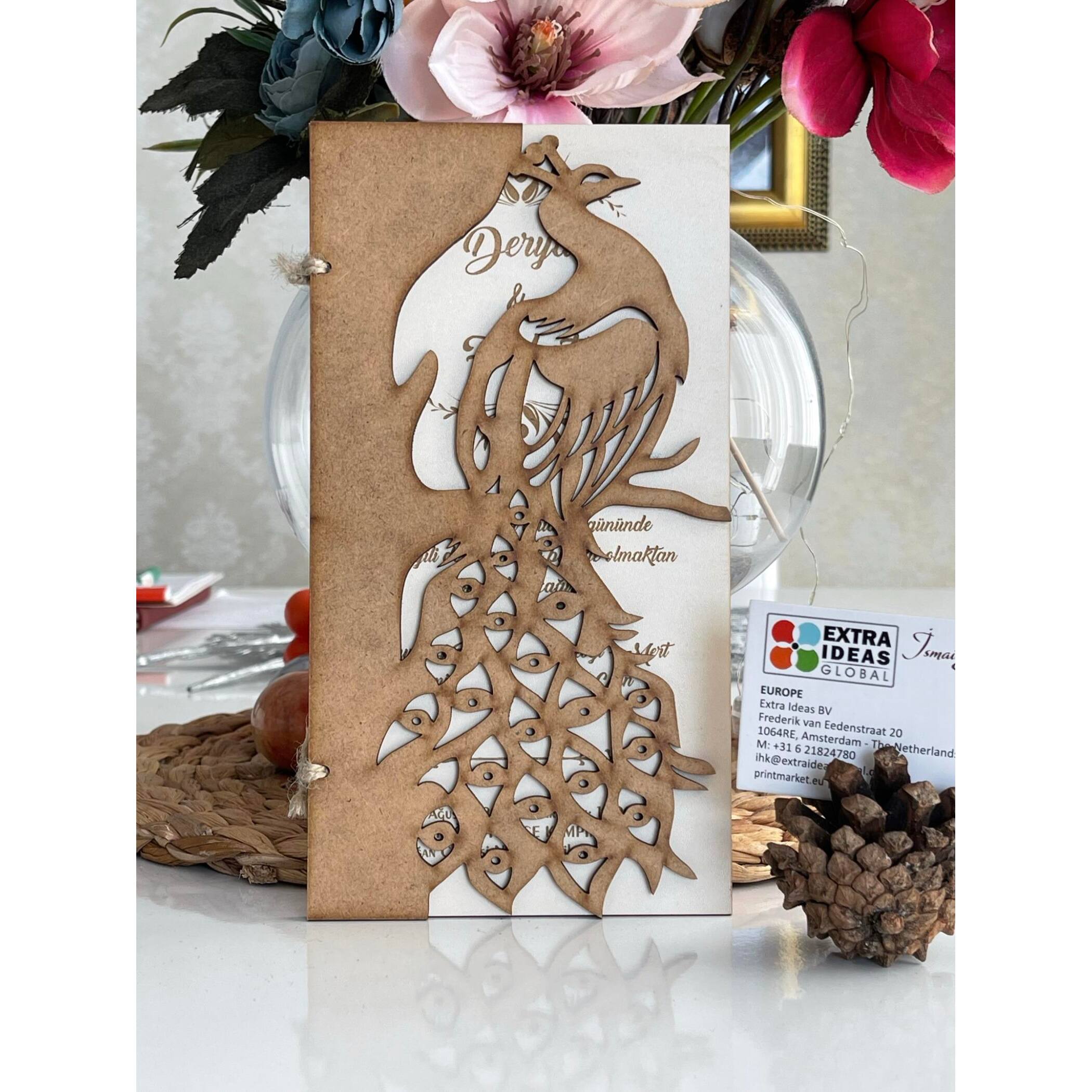 Peacock Design Wooden Wedding Card - Natural Wood - Laser Cut - Wedding ...